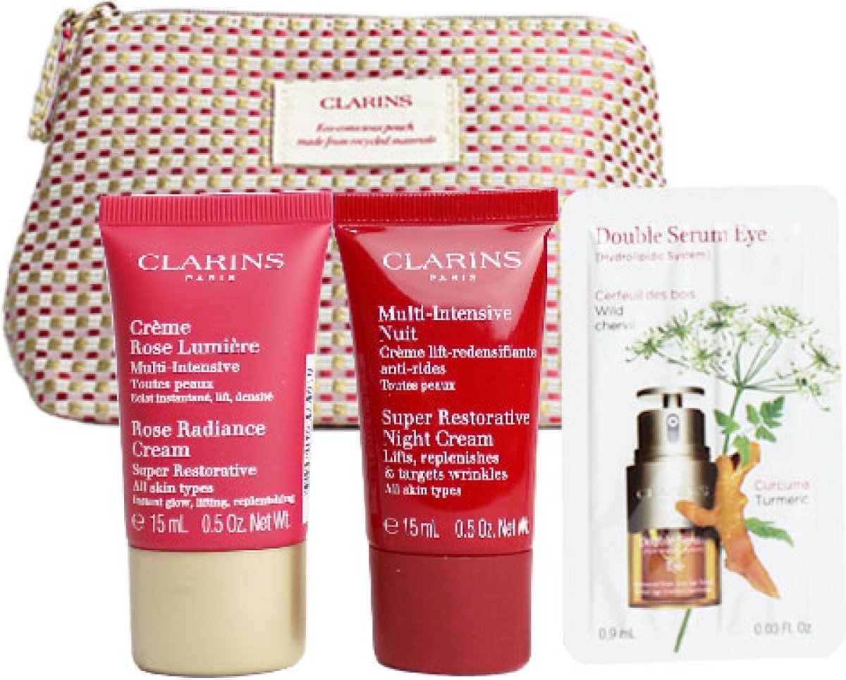 CLARINS SKINCARE POUCH SET 3 pcs crème de jour + crème de nuit + sérum ...