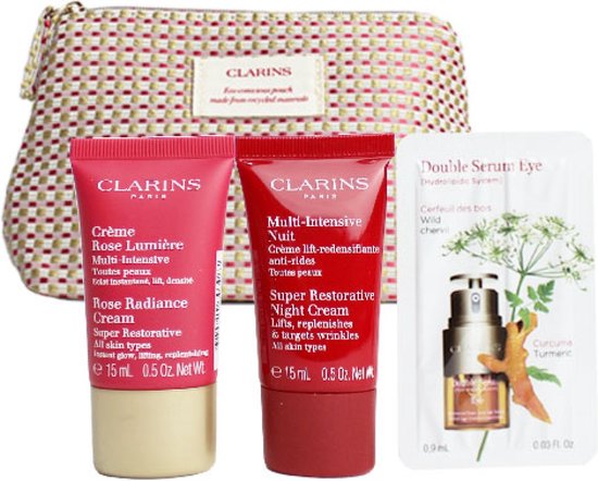 CLARINS SKINCARE POUCH SET 3 pcs crème de jour + crème de nuit + sérum ...