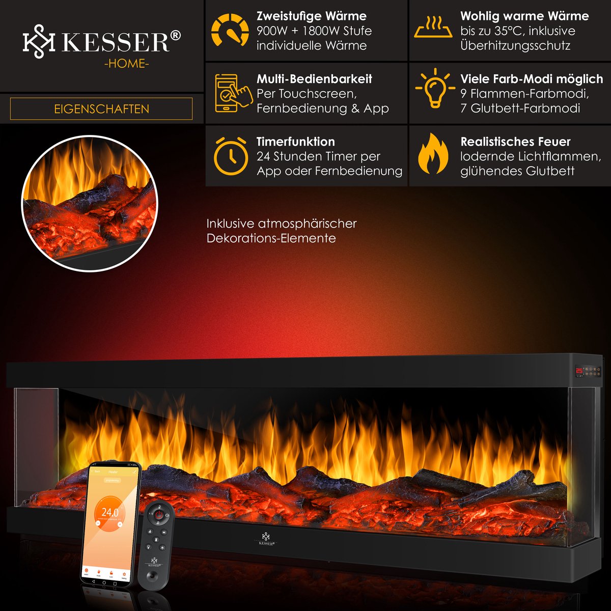 KESSER® Sfeerhaard 1800W Elektrische Haard met LED 3D Vlam Effect ...