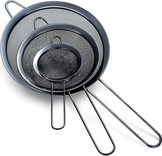 Zwarte fijne zeef van gaas, set van 3 stuks, zwarte bloemzeef voor het ...