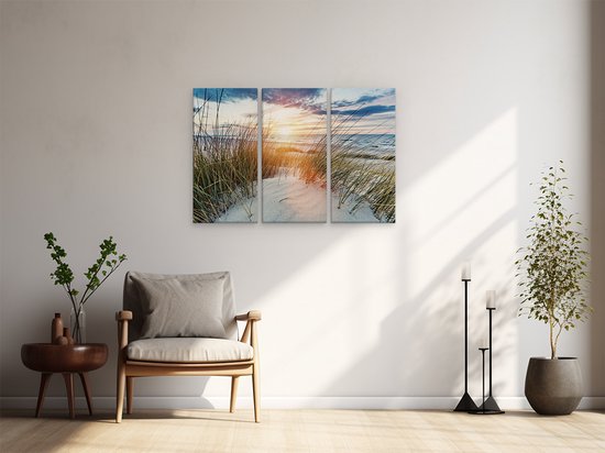 Artaza Canvas Schilderij Drieluik Strand en Zee vanuit Duinen met Zonsondergang -... | bol