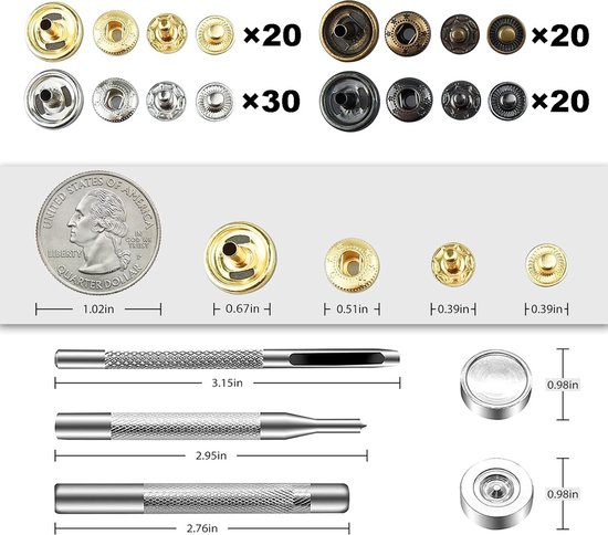 90 Sets Drukknopen voor Leer, 17mm 4 Kleuren Metalen Drukknopen Kit met ...