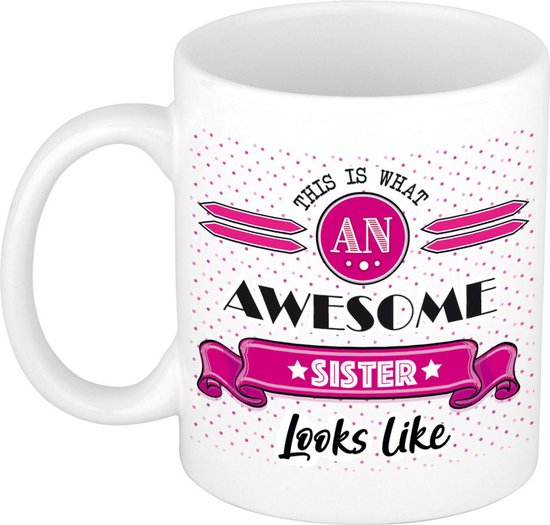 Bellatio Decorations Cadeau koffiemok voor een geweldige zus - roze - keramiek - 300 ml | bol