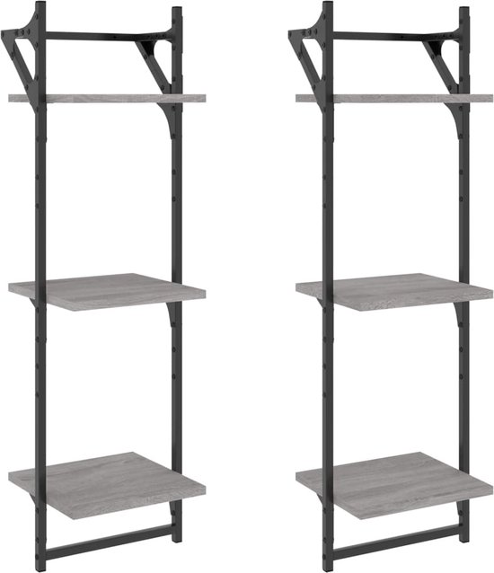 vidaXL - Wandschappen - 3-laags - met - stangen - 2 - st - 30x25x100 - cm - grijs - sonoma | bol