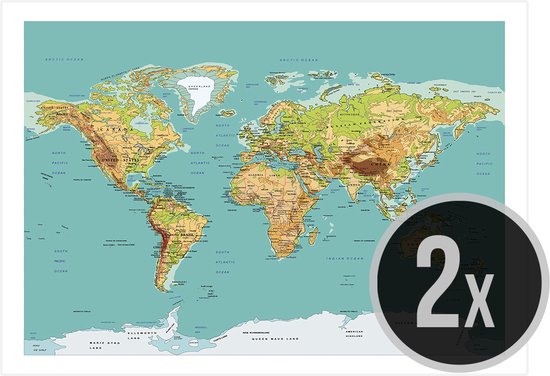 Poster/ affiche Map Wereldkaart reliëf | 59 x 42 cm | A2 formaat | World map |... | bol.