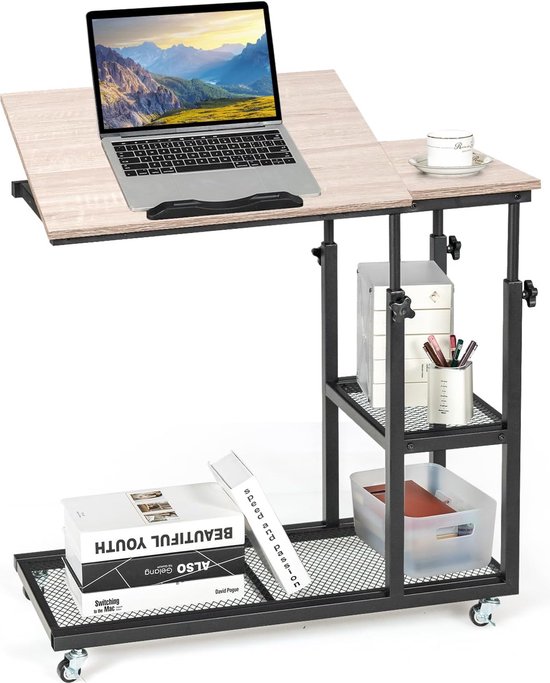 Bijzettafel, verstelbaar met wieltjes, industriële laptoptafel met 5 ...
