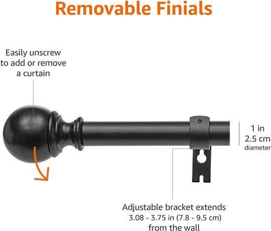 2,54 cm gordijnroede met ronde eindstukken, 1 stuk, 91 cm tot 183 cm, zwart | bol