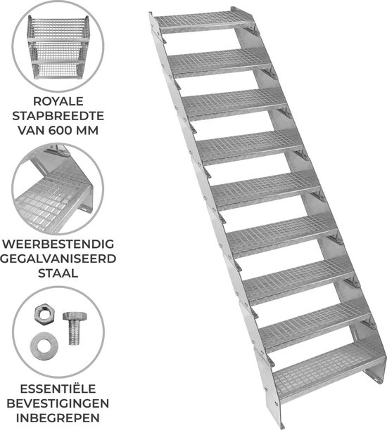 Metalen Trap 9-delige Verstelbare Hoogte 60 cm / 600 mm Breed Verzinkt ...
