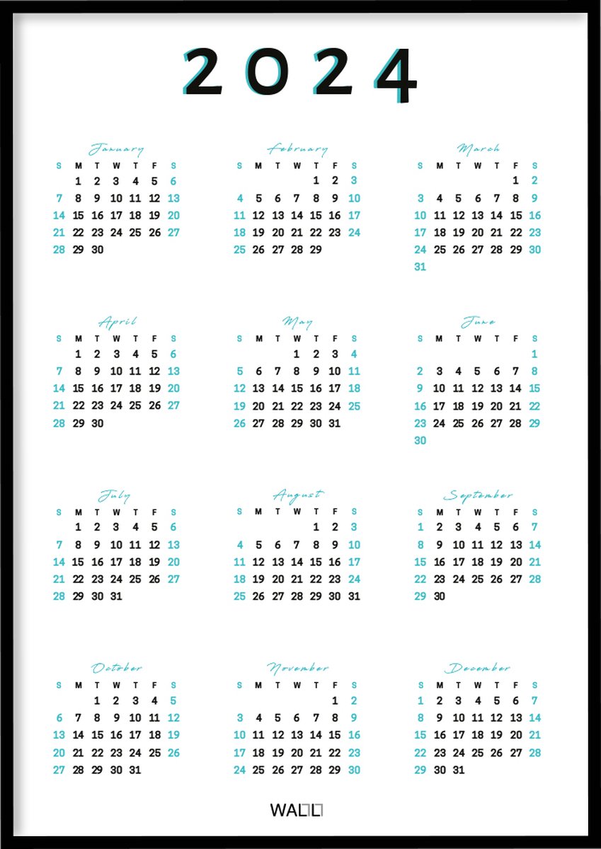 Poster Jaarkalender blauw 2024 - Kalender poster - 30x40 cm - Exclusief ...
