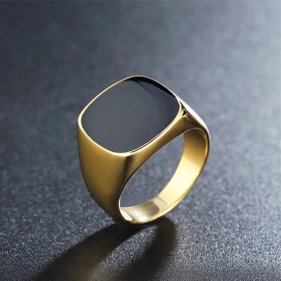 Zegelring Heren Goud kleurig met Zwarte Steen - Staal - Ring Ringen ...