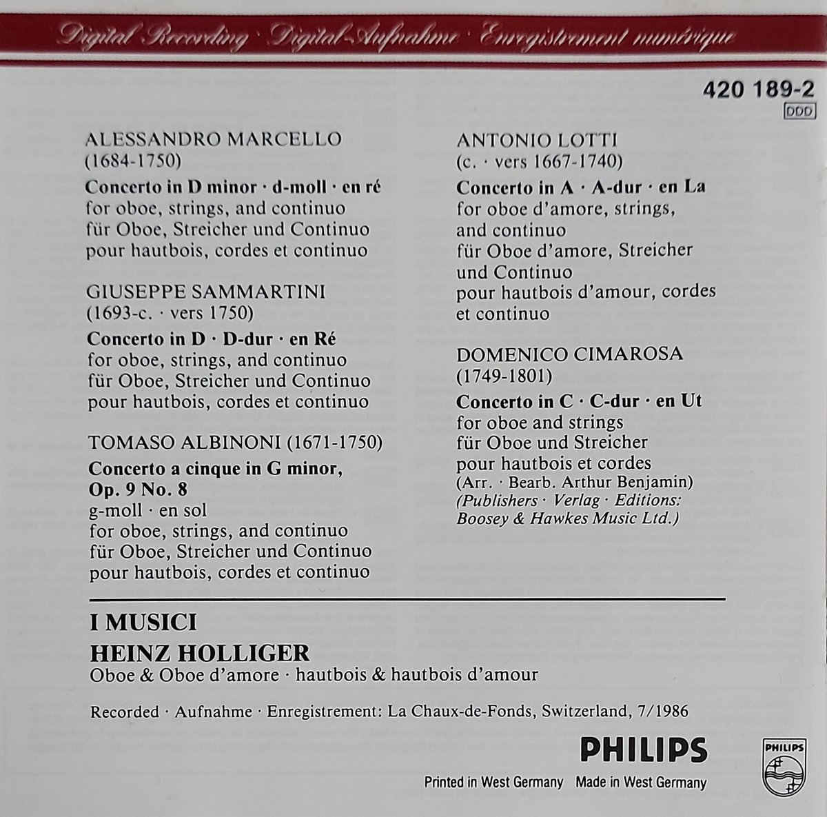 Albinoni, Cimarosa, Marcello et al: Concerti per Oboe, Heinz Holliger ...