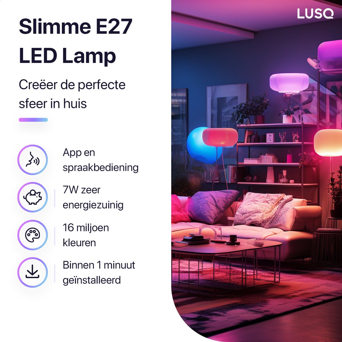 LUSQ® Smart Lamp E27 – 4 Stuks Slimme verlichting – RGB 16 Miljoen ...