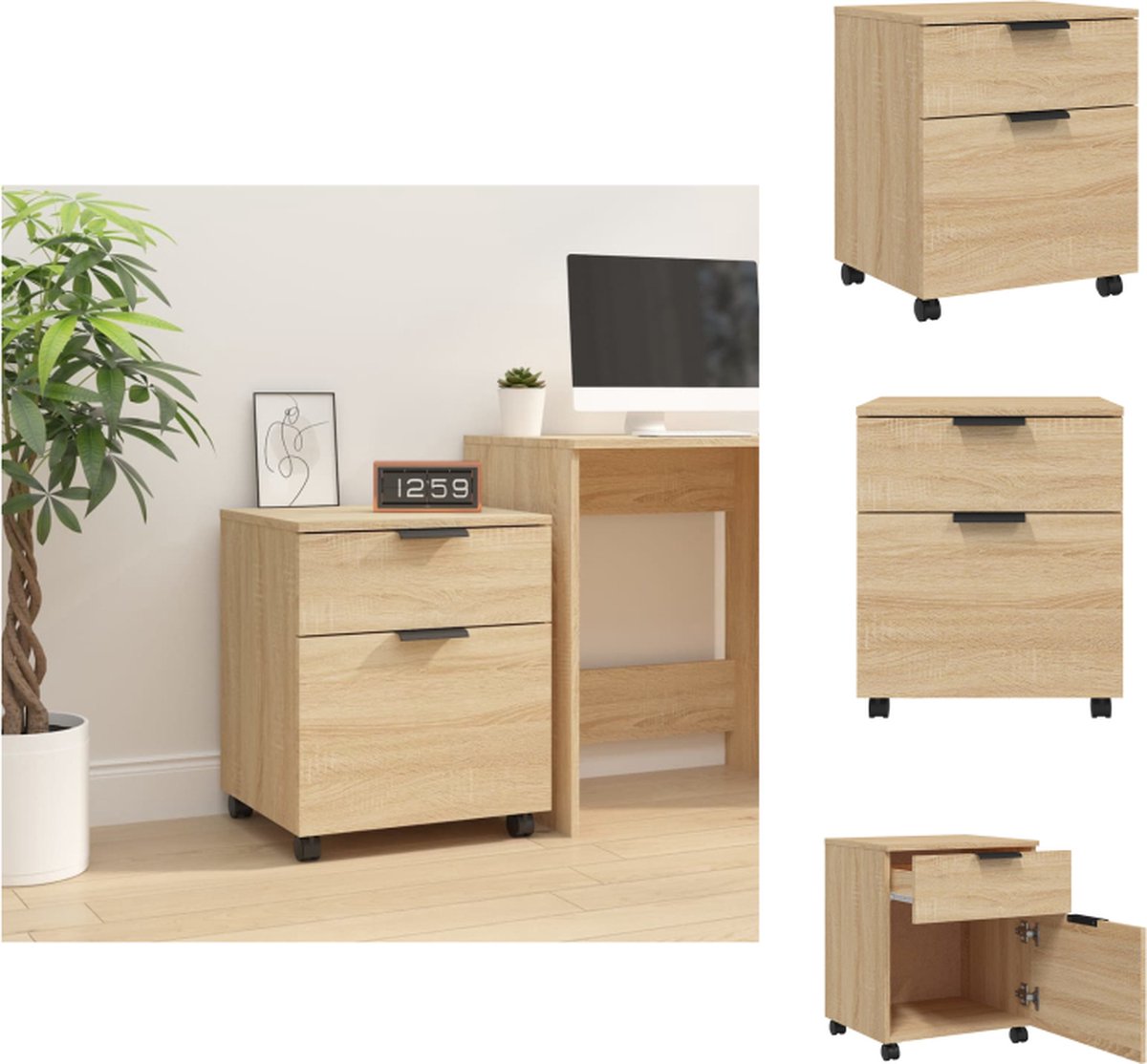 vidaXL Dossierkast Sonoma Eiken - Bureaukast 45x38x54 cm - Zwenkwielen ...
