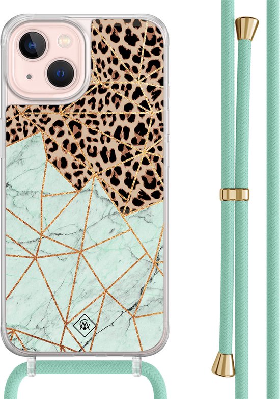 Casimoda® - iPhone 13 hoesje met mintgroen koord - Luipaard marmer mint - Afneembaar... | bol.
