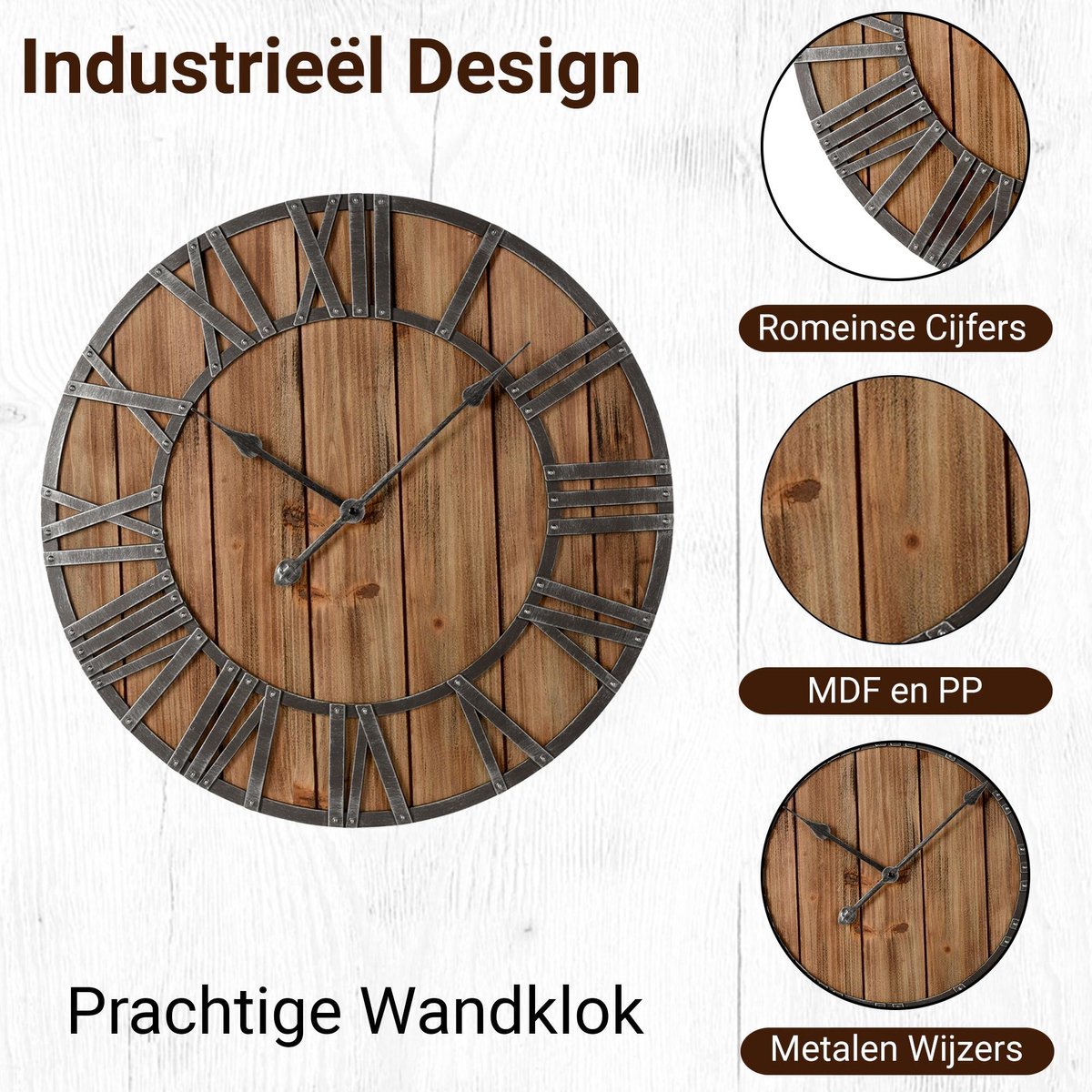 Luxe Houten Wandklok - Wandklok Industrieel - XL Wandklok XL - Wandklok ...