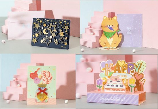 Voordeelset Mini wenskaartjes 4 stuks cadeaukaartjes - mini pop up ...