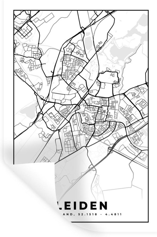 Muurstickers - Sticker Folie - Kaart - Leiden - Zwart - Wit - 20x30 cm ...