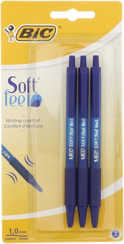 BIC balpen soft feel clic - Blauw - 3 stuks - 1mm puntdikte | bol.com