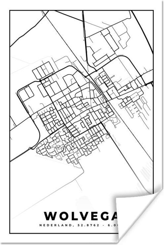 Poster Kaart - Wolvega - Zwart - Wit - 20x30 cm | bol