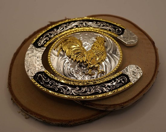 Wisselbare riemgesp van een gouden haar op een hoefijzer in de kleuren ...