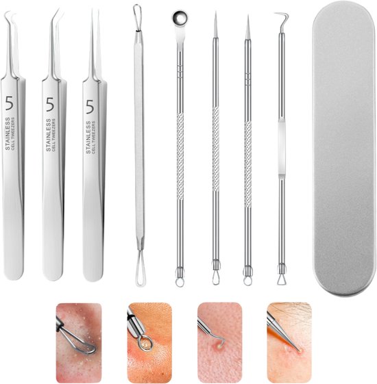 8-delige Mee-eter Verwijderingsset – Professionele RVS Acne & Puistjes ...