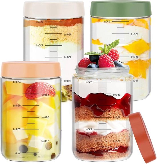 Premium - Glazen bewaarpotten voor snacks en yoghurt, set van 4 met ...