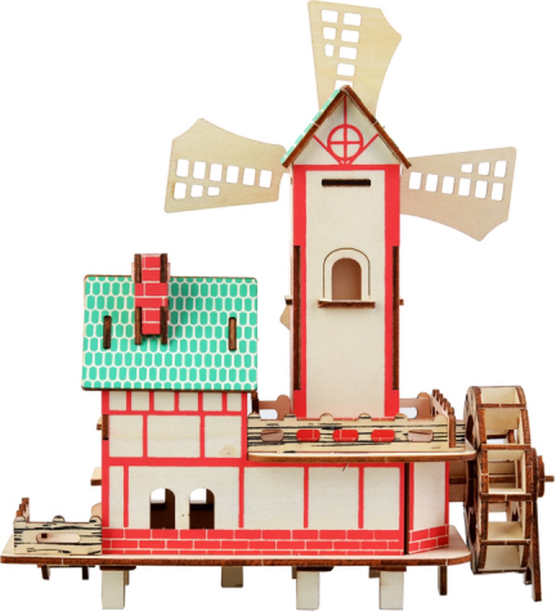 Bouwpakket 3D Puzzel Lucky Windmill Windmolen Molen van hout- gekleurd ...