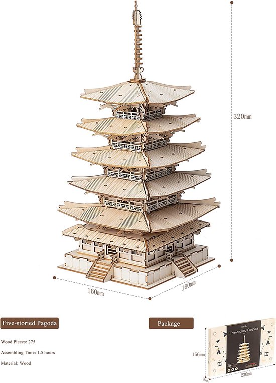 3D DIY Houten Puzzel Vijf Verdiepingen Pagode voor Volwassenen Tieners ...