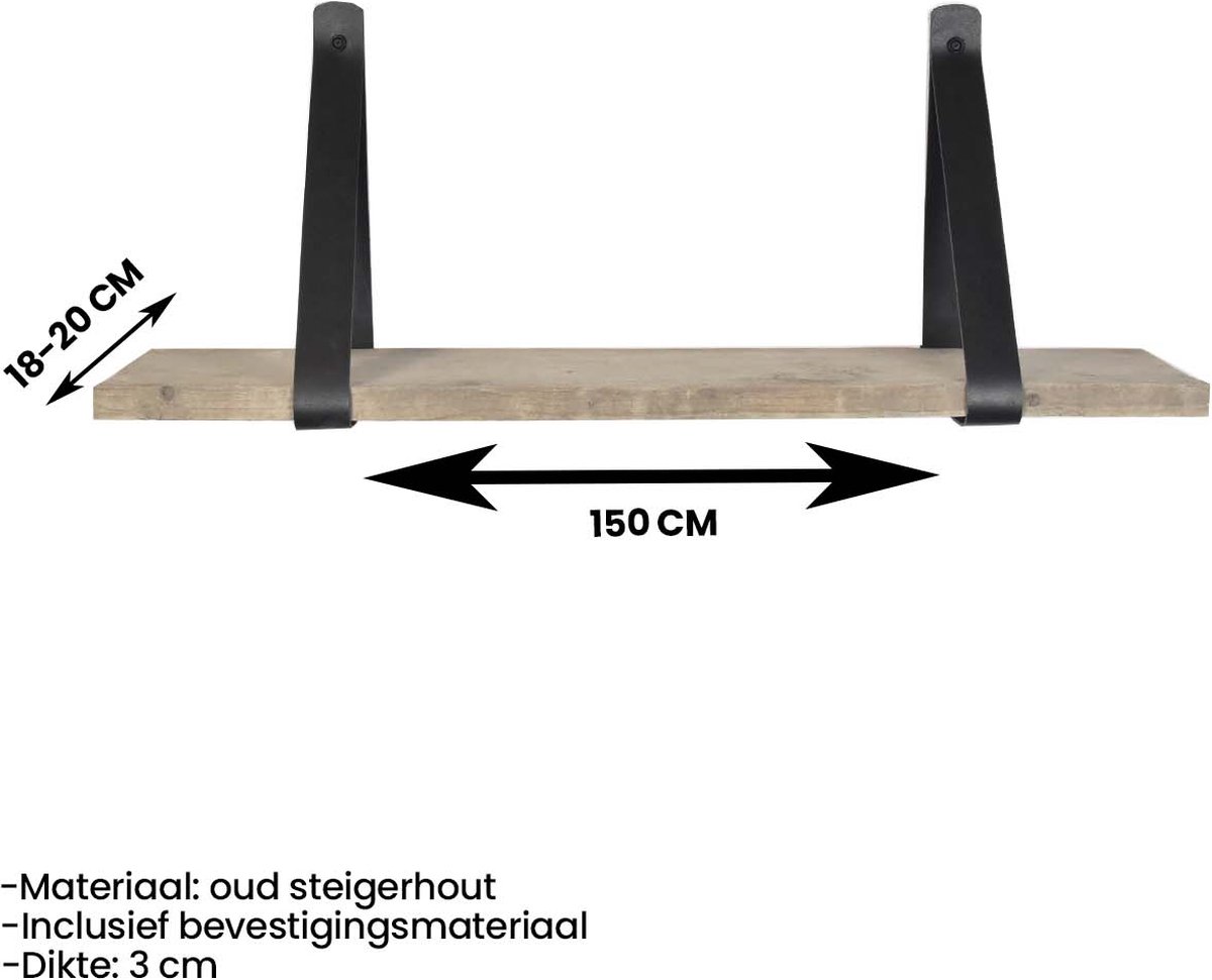 Barnwoodweb Wandplank van Oud Steigerhout - 150 cm met Zwarte Leren Plankdragers -... | bol