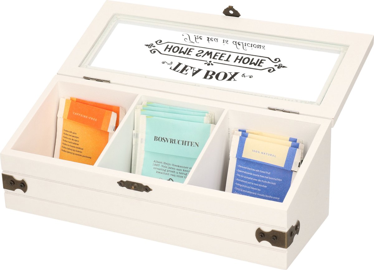 Houten theedoos/theekist met 3 vakken - 24 x 9 x 9 cm - wit - theedozen ...