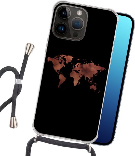 Apple iPhone 14 Pro - Crossbody Case - Wereldkaart - Leer - Zwart ...