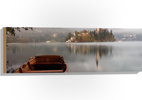 WallClassics - Hout - Houten Boot bij Kasteel op Water - 90x30 cm - 12 ...
