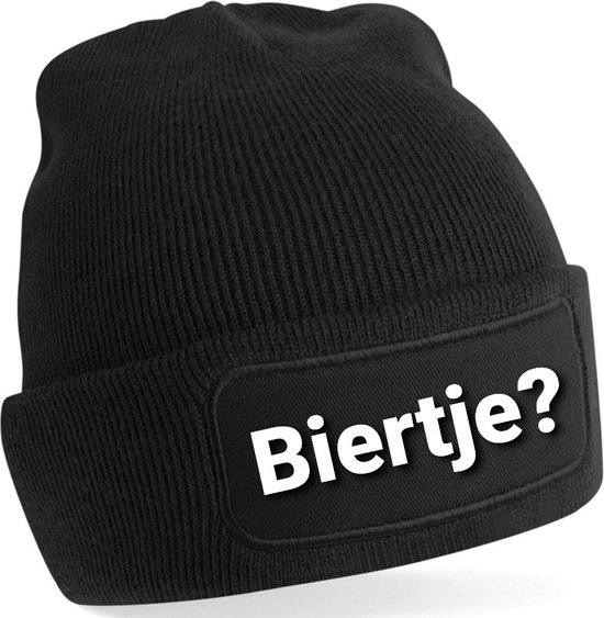Muts - Beanie - biertje? - feestdagen - winter - zwart met witte opdruk ...
