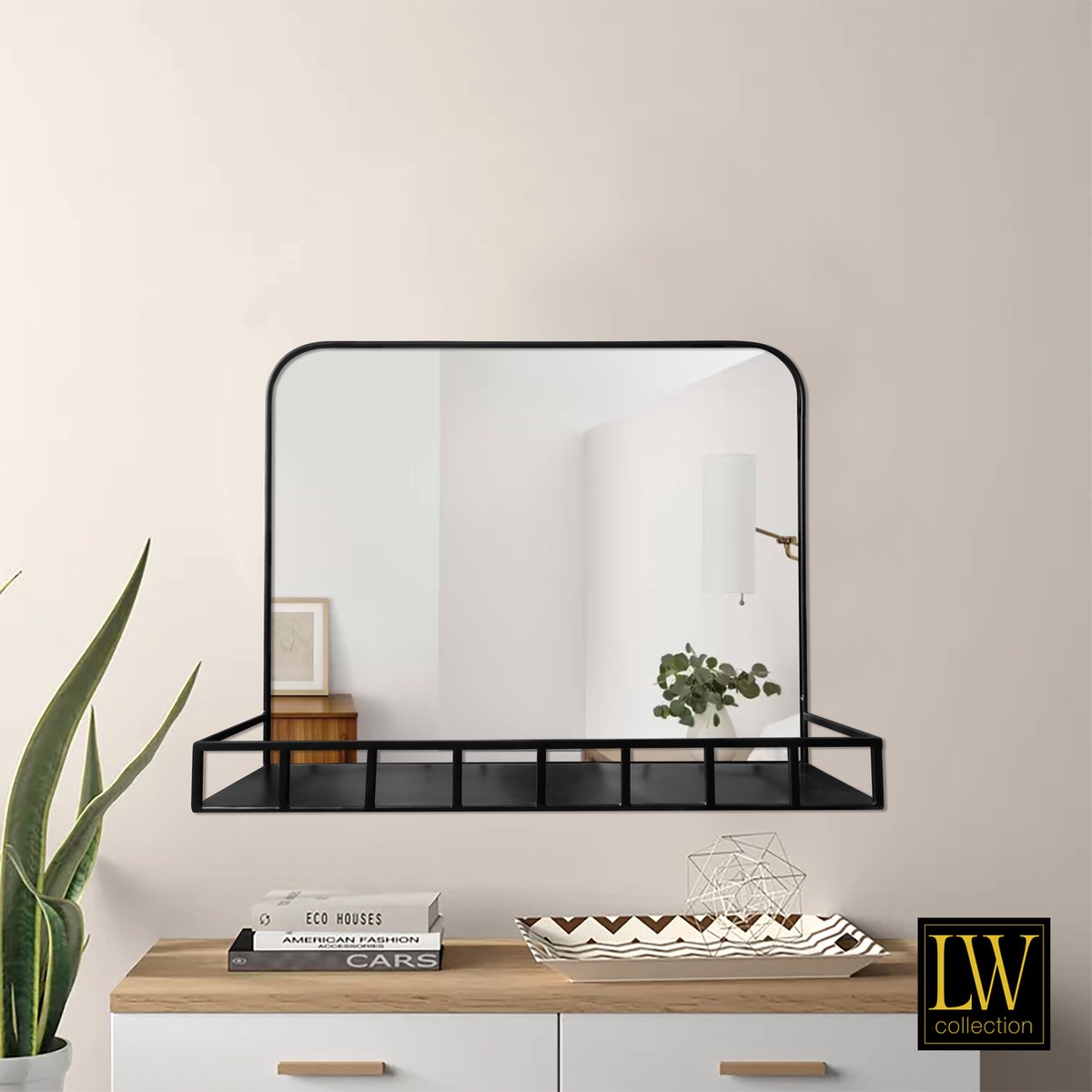 LW Collection wandspiegel met plankje zwart 63x50 cm metaal - grote ...