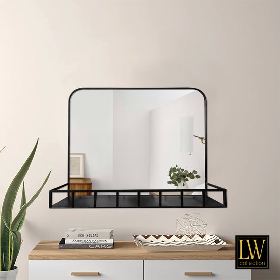 LW Collection wandspiegel met plankje zwart 63x50 cm metaal - grote ...