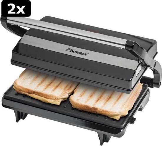 2x Bestron Contactgrill voor 2 Personen, Paninimaker met Vetopvangbak ...