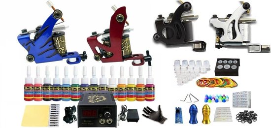 Complete tattoo set met 4 machines, 24x inkt en 50 tatoeage naalden ...