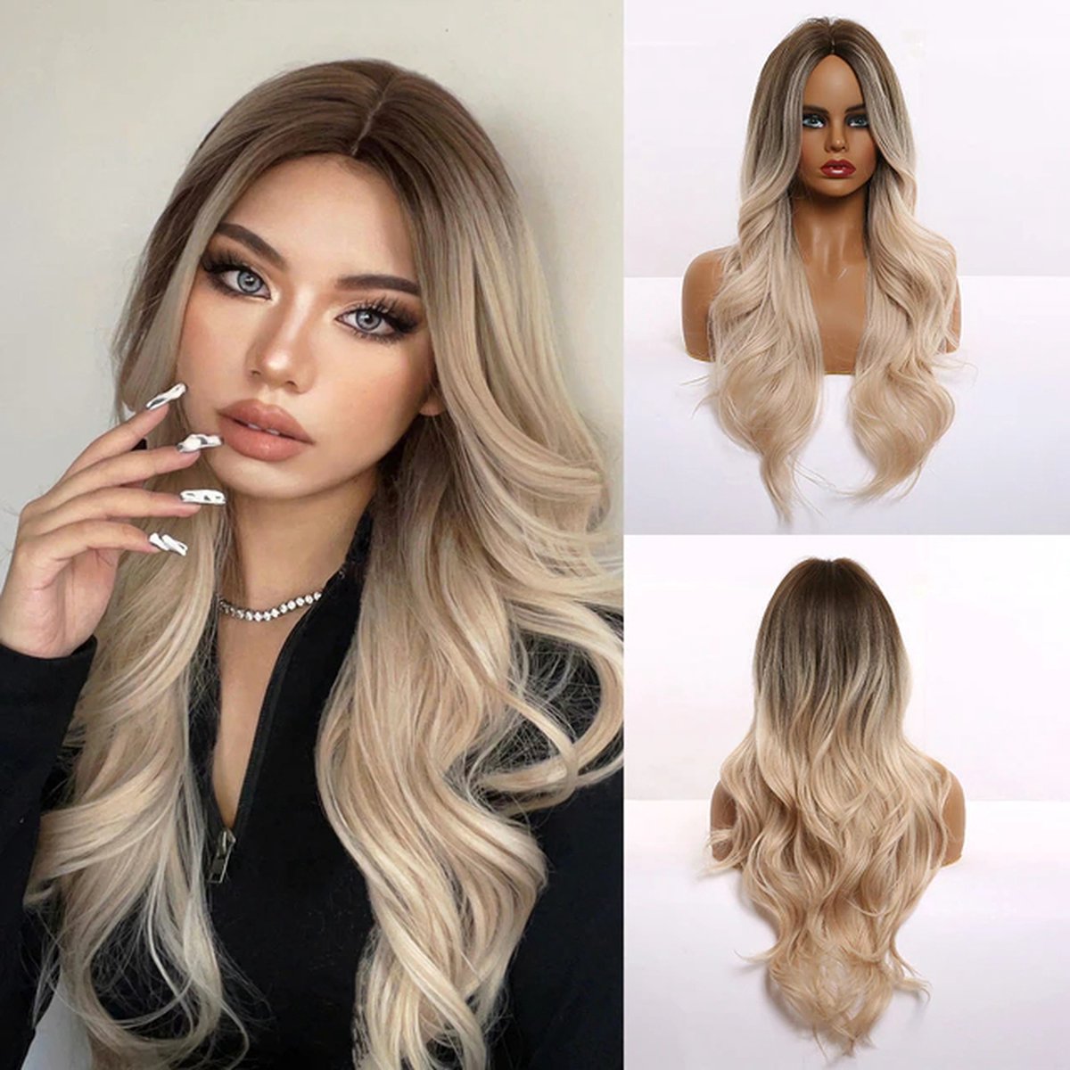 Homezie Pruik - Blond balayage - Lang golvend haar - Pruiken dames ...