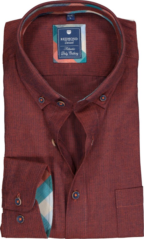 Redmond regular fit overhemd - visgraat weving - bordeaux rood ...