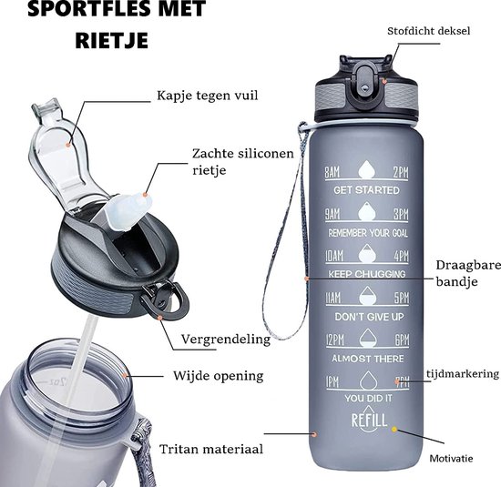 Waterfles met tijdmarkering | Sport waterfles | Drinkfles met rietje ...