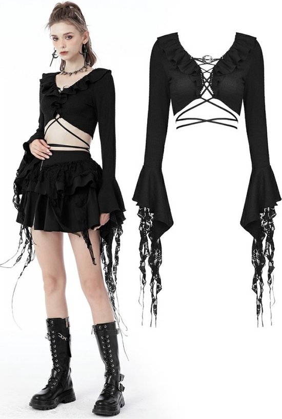 Dark in Love Crop top -L/XL- Gothic witch ripped sleeves ruffle neck ...