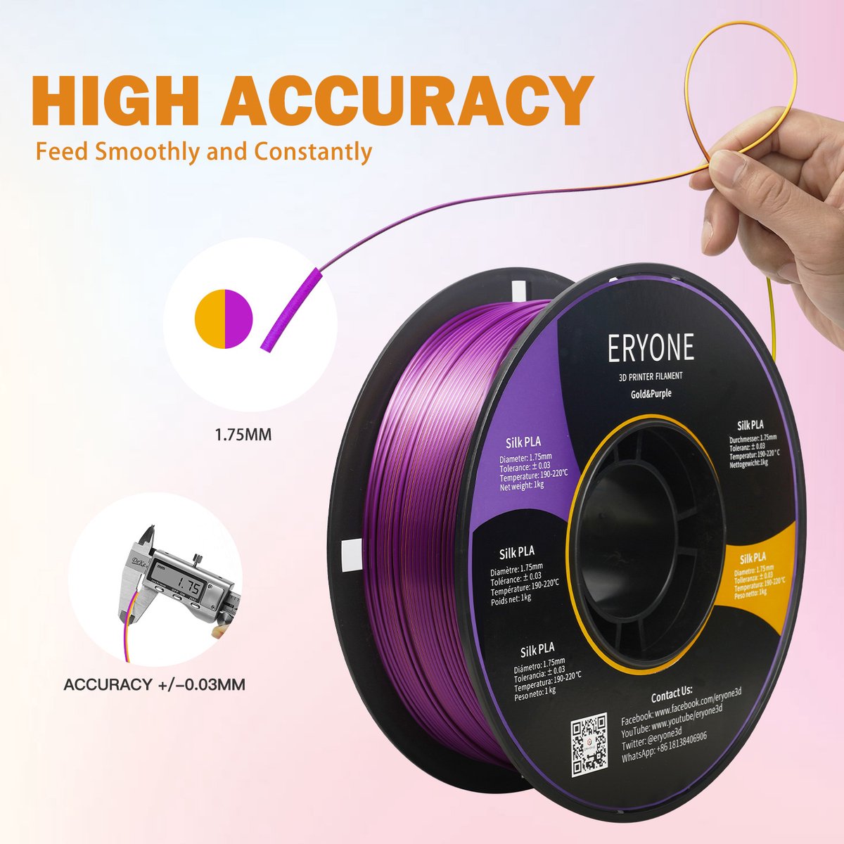 Eryone - Duo silk - Gold + Purple - PLA Filament - 1Kg 1,75mm - Voor 3D ...