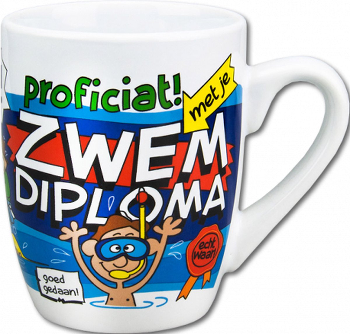 Cartoon - Mok - Proficiat met je zwemdiploma - Gevuld met een snoepmix ...