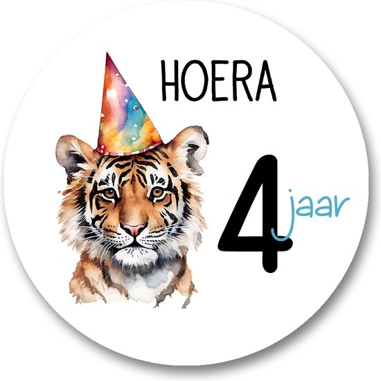 Traktatiesticker Hoera 4 jaar Tijger | Traktatie Sticker | Tijger ...