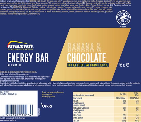 Maxim Energy Bar - 15 x 55g - Energierepen - Sportvoeding - Banana ...