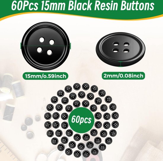 60 stuks knopen, zwarte ronde naaien, harsknoppen, grote knopen, 4 ...