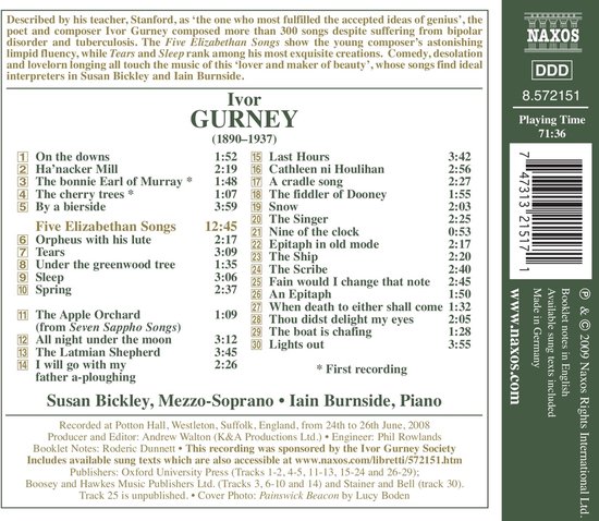 Susan Bickley & Iain Burnside - Gurney: Songs (CD), Susan Bickley ...