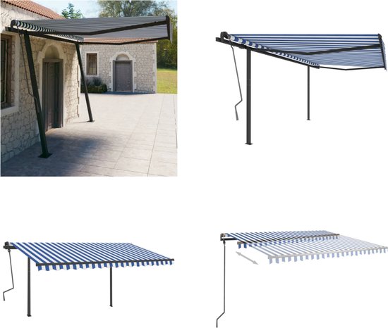 vidaXL Luifel automatisch uittrekbaar met palen 4x3 m blauw en wit ...