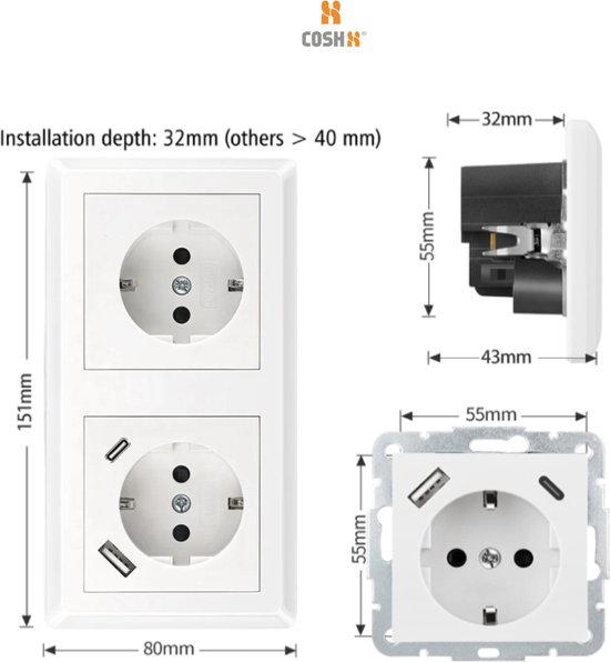 CoshX® Dubbel USB stopcontact wit met 1 x USB A en 1 x USB C inbouw 3 ...