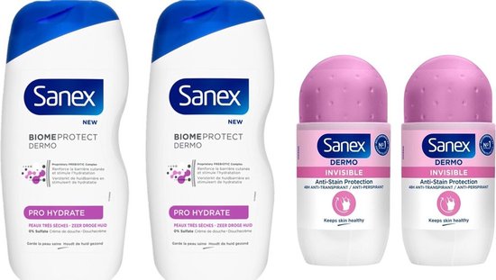 Sanex Pro Hydrate SET Douchegel + Dermo Invisible Deo Roller 2 + 2 | bol